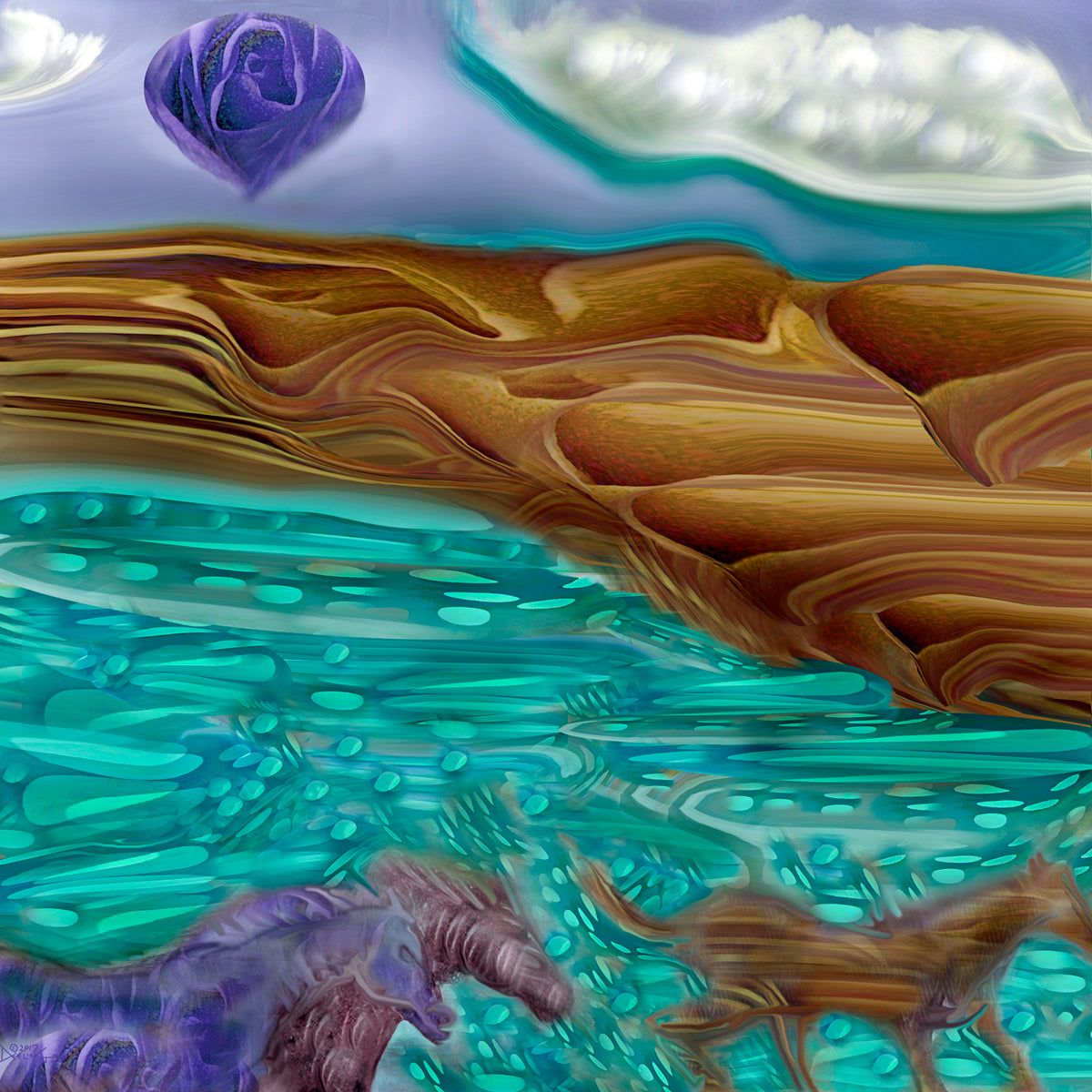 Purple Sea Rose, Horses 2017 Fine Art Print – Art by Deeling