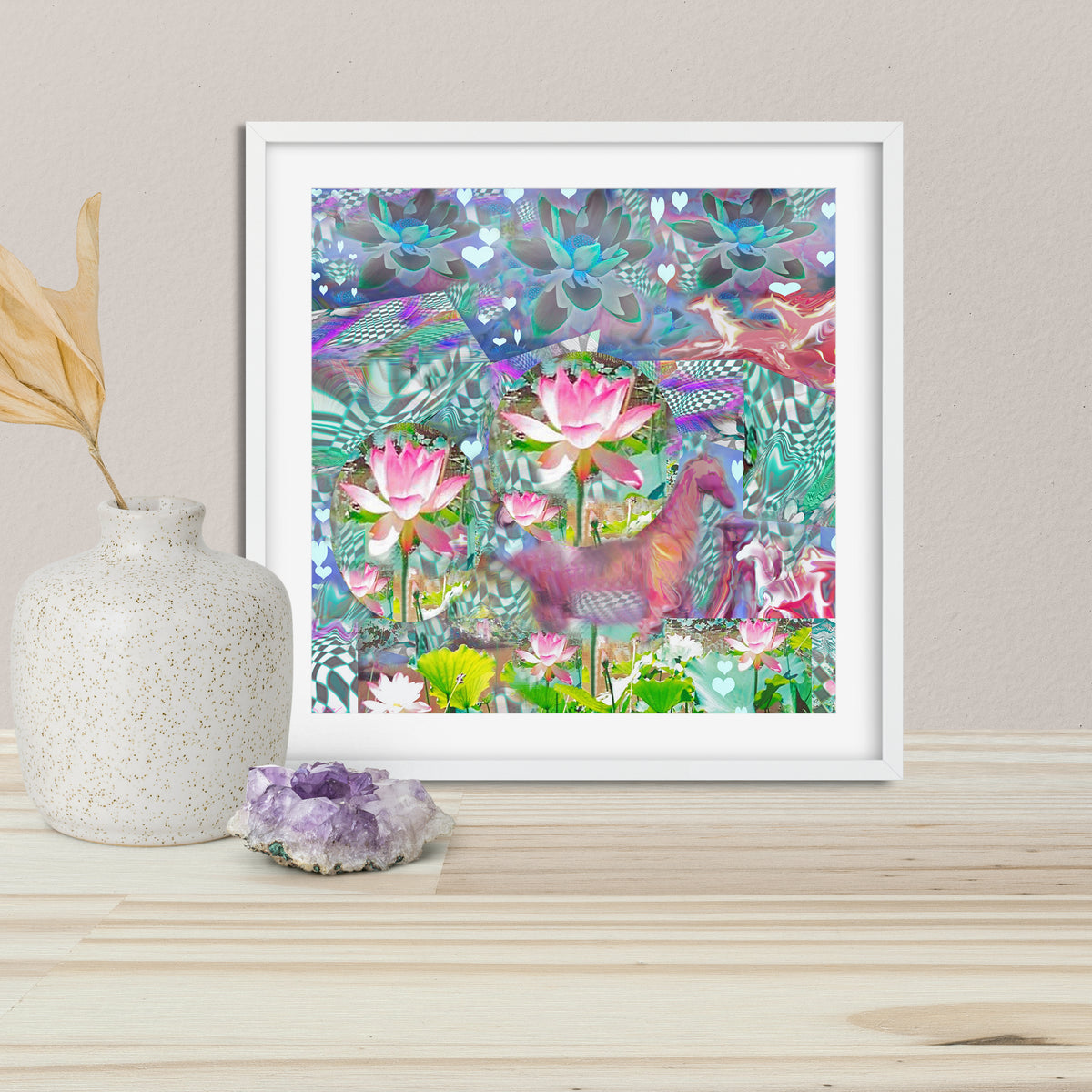 Maximalist Impressionism Pink Horse Garden Art Print – Art by Deeling